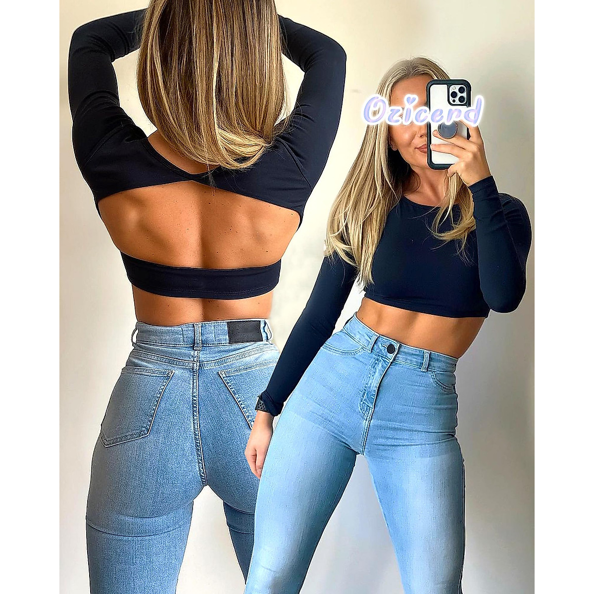 OZICERD Backless Workout Tops for Women Long Sleeve Gym Shirts Open Back Crop Top Cute Going Out Tops Yoga Athletic Tops