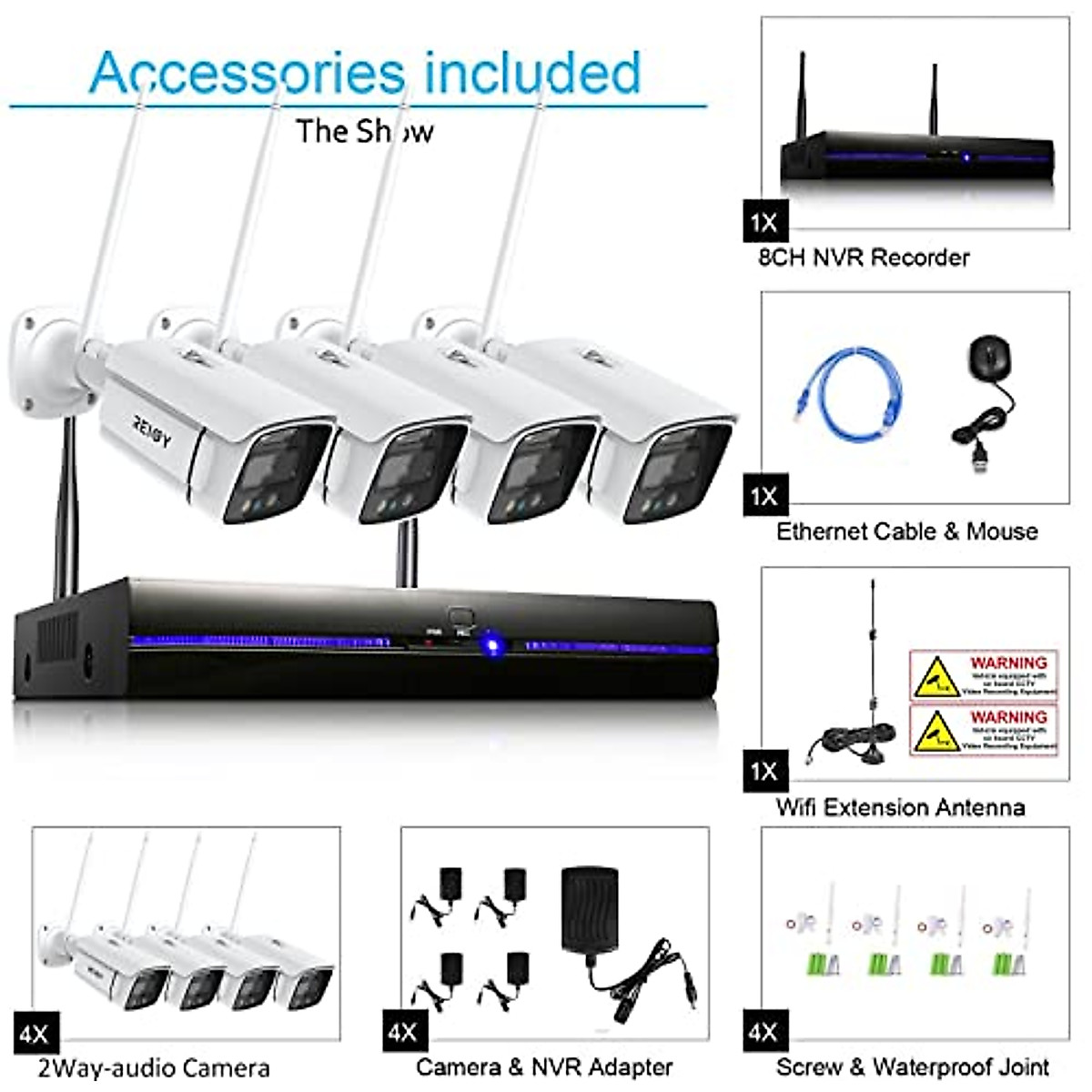 REIGY 3MP WiFi Security Camera System with Floodlight Without Hard Drive, 2K Outdoor Home Surveillance Set 8CH 5MP NVR + 4X 1296P IP Cam, 2-Way Audio Remote View Color Night Vision Motion Detection