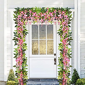 Artflower 4 Pcs Artificial Flowers Wisteria Garland Silk Wisteria Vine Rattan Hanging Flower Greenery Garland with Ivy Leaves for Home Garden Outdoor Wedding Arch Floral Decor, 6.6 Feet (Pink)