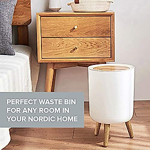 Nordic Style Trash Can (1-Pack) - Push Top Trash Can with Lid - 14.3" x 8.7" White Top Spring Waste Basket - Scandinavian Modern Garbage Can - Round Trash Bin w/ Legs - Kitchen/Bathroom Trash Can I 1.8 Gallon - 7L