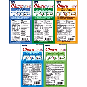 INABA Churu Cat Treats, Grain-Free, Lickable, Squeezable Creamy Purée Cat Treat/Topper with Vitamin E & Taurine 0.5 Ounces Each Tube, 20 Tubes, Tuna & Chicken Variety