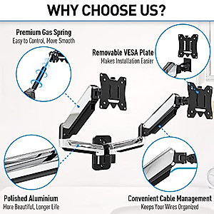 MOUNTUP Dual Monitor Wall Mount for 2 Max 32 Inch Computer Screen, Silver Polished Aluminium Full Motion Gas Spring Double Monitor Arm, VESA Bracket Support 3.3-17.6lbs, Swivel Monitor Stand Holder
