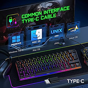 Compact 60% Mechanical Gaming Keyboard with Ergonomic Anti-ghosting Mini 61 Key Layout Rainbow RGB Backlight Waterproof Metal Plate Type-C USB Wired for PC Mac Gamer Office Typist (Black/Blue Switch)