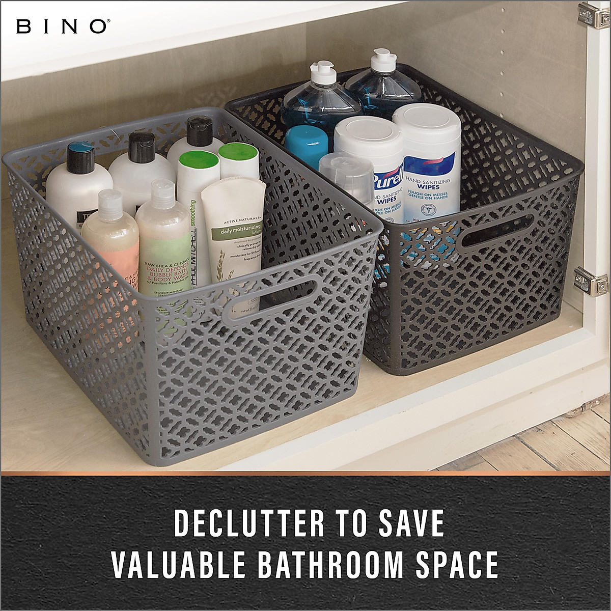 BINO l Plastic Storage Baskets, Medium - Grey | THE BLOSSOM COLLECTION l Multi-Use Organizer Bin l Built-in Handles l Plastic Woven Basket for Organizing l Pantry & Home Organizing Basket