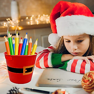 LLE Plastic Buckets with Handles, Red Santa Belt Round Basket, Multi-Purpose Container Decorative Home Kitchen Candy Bars Vase Toy Baskets for Christmas Winter Holiday Party Supplies Set of 4