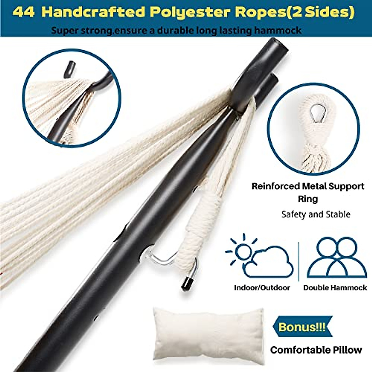 ACH Double Hammock with Stand Included 2 Person Heavy Duty Strong Portable Hammocks Indoor and Outdoor with Pillow-Carrying Bag for Outside Patio Backyard Lawn-450lb Capacity