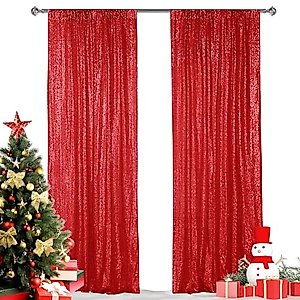 Hahuho Red Sequin Backdrop Curtain, 2PCS 2FTx8FT Glitter Backdrop Curtain for Parties, Christmas, Wedding, Party Decoration（2 Panels, 2FT x 8FT, Red