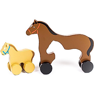 Jack Rabbit Creations Big & Little Horse Push Toy Adorable Nesting Animals Set is 2 Toys in 1 – Classic Rolling Wooden Toy – Develops Hand Eye Coordination & Motor Skills - Ages 18+ Months