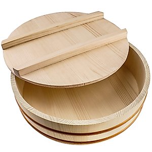 Kichgather Wooden Sushi Rice Bowl with Lid Hangiri Sushi Oke Sushi Rice Mixing Tub (14.2 ” with lid)