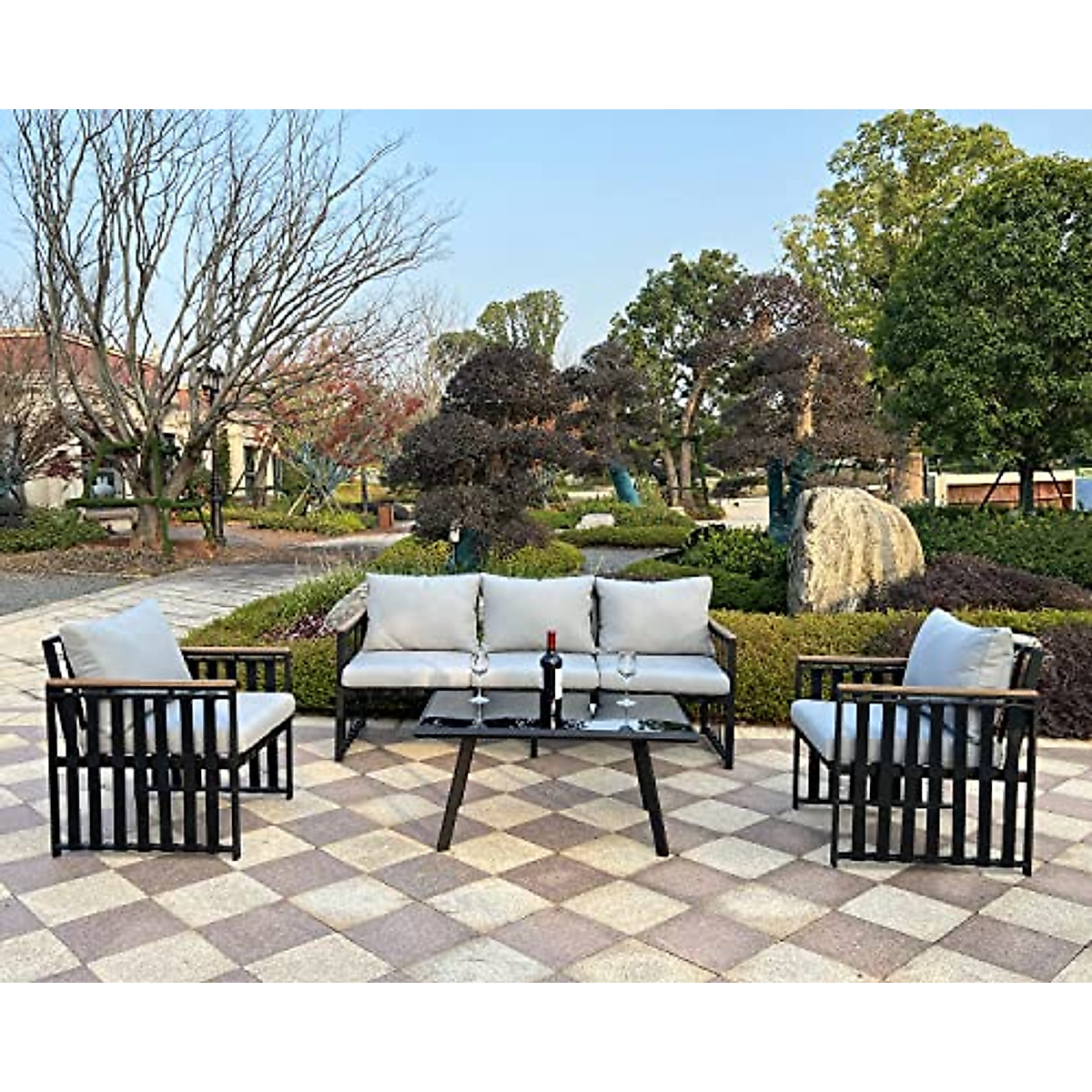 DECMICO Patio 5-Seat Sectional Sofa, Wide Outdoor U-Shaped Steel Frame Finished Rubber and Grey Cushions Sofa Furniture Set with Glass Coffee Tablefor Garden, Backyard, Balcony and Deck…