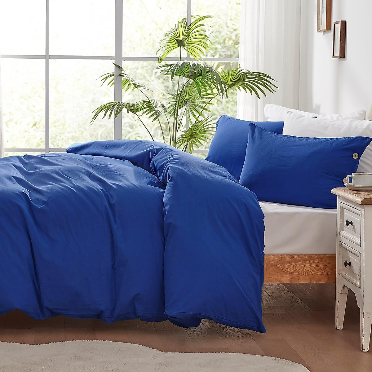 SunStyle Home 100% Washed Cotton Duvet Cover Set Breathable Soft King Light Blue Duvet Cover 3 Pieces Solid Color Bedding Set with Buttons Closure Comforter Cover Set (1 Duvet Cover +2 Shams)