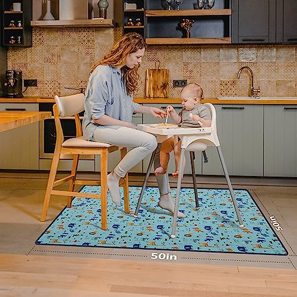 2-Pack Baby Splat Mat for Under High Chair,50” x 50” ASKIZ Splash Mat, Waterproof and Washable Spill Mat for Kids, Anti-Slip Floor Square Playtime Mats for Under Toddler Table