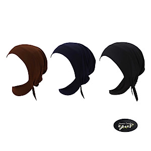 Solid color 3- pack full cover inner hijab cap. Under scarf cap for Muslim women. Coffee, black and blue color inner hijab cap…