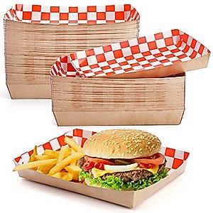 ZENFUN 80 Pack Paper Food Serving Trays, 2 LB Cardboard Food Boats Checkered Kraft Tray, Greaseproof Fast Food Snack Holder for Snack, Hot Dog, Hamburger and Chips, Party, Red and White