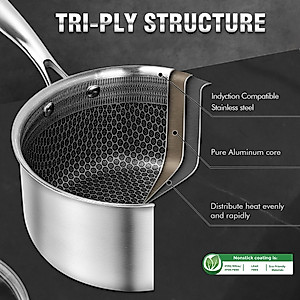 AuFranc™ Hybrid Nonstick 1 Quart Stainless Steel Saucepan with Glass Lid, Induction Sauce Pan with Honeycomb Carving, Non-stick Sauce Pot Compatible with All Cooktops, Dishwasher Safe, Non-Toxic