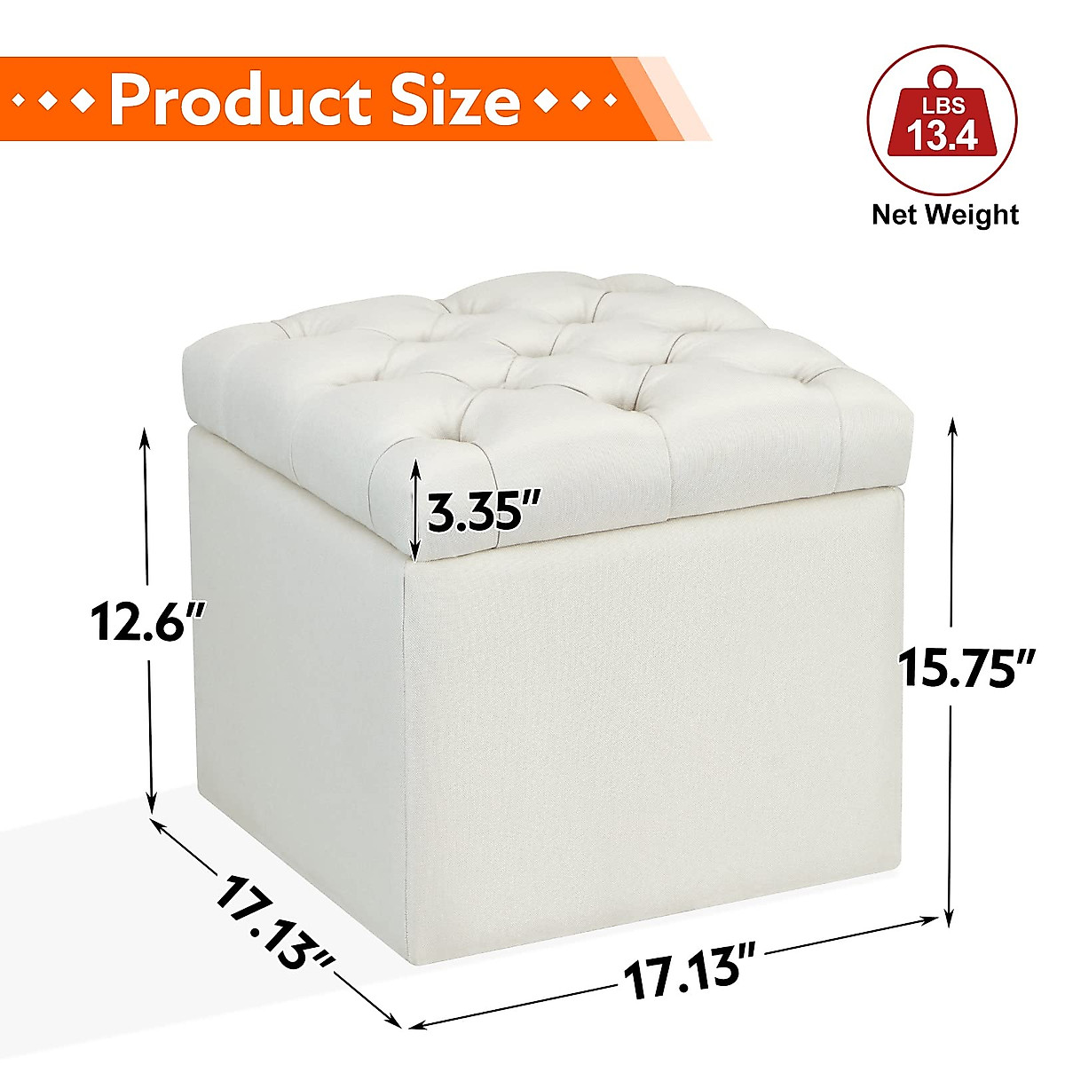 JOMEED 17 Inches Storage Ottoman Cube Set of 2, Linen Fabric Ottoman with Storage for Bedroom, Living Room, Dorm, Button Tufted, No Assembly Required(Beige-2)