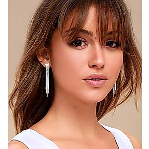 KristLand - S925 Silver/Alloy Hook Sleek Chain Tassel Drop Earrings Long Crystal Fringe Dangle Simple Dainty Earrings Tassel Earrings A Zircon Silver