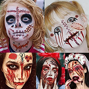 Billzar 138 PCS Scary Halloween Fake Scars Tattoos For Men Adults Women Kids Zombie Makeup Kit 18 Sheets Face Fake Stitches Temporary Tattoos Chucky Scar Scab Scratches Boys Girls Tatoos Wound Sticker