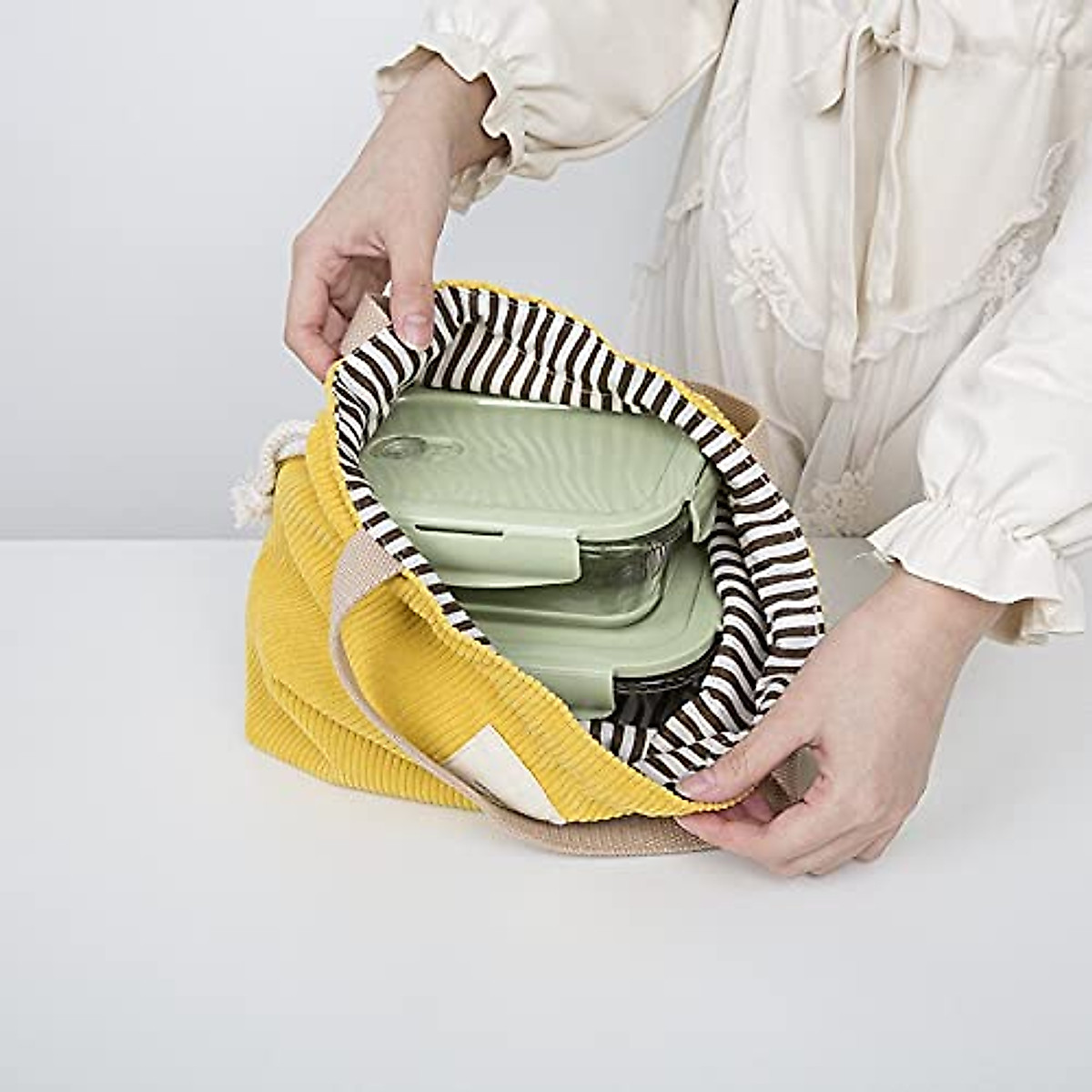CHERSE Corduroy Lunch Bag for Women Lunch Box Aesthetic Lunch Bag Drawstring Cute Hand Bag Pastel Supplies (Drawstring Green)