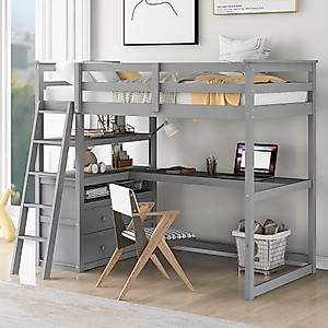 Bellemave Twin Loft Bed with Desk and Storage Drawers Wood Loft Bed with Bookshelf and Ladder for Kids Boys Girls Teens, Gray