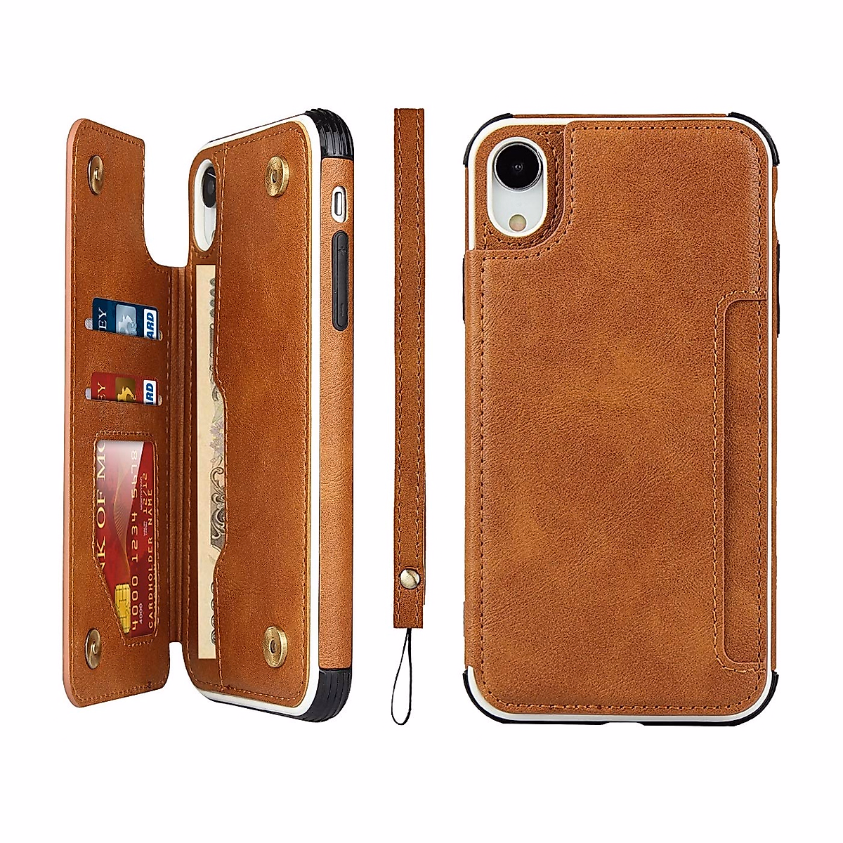 iCoverCase Wallet Case, with Card Slots Holder and Wrist Strap PU Leather Kickstand Double Magnetic Clasp Shockproof Cover Case for iPhone XR 6.1 Inch (Khaki)