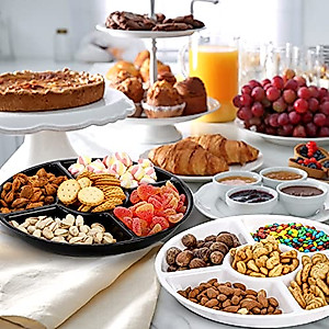 Okllen 12 Pack 5 Sectional Round Plastic Serving Tray, 12" Divided Candy Nut Serving Plate, Veggie Fruit Dish Platter Appetizer Tray for Dried Fruit, Snack, Desserts, Black & White