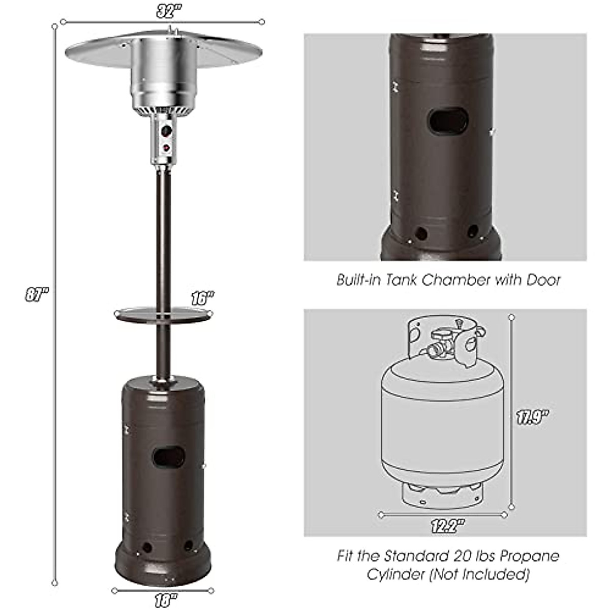 COSTWAY Patio Heater, 48000 BTU Propane Heater with Drink Shelf Tabletop, Simple Ignition System, Base Reservoir and Wheels, Standing Outdoor Space Heater for Patio, Garden and Backyard (Copper)