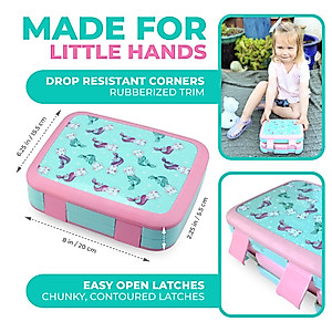 kinsho Bento Lunch Box. Insulated Bag, Water Bottle & Ice Pack Set for Kids, Toddlers, Girls. 5 Portion Sections, Removable Tray, Pre-School Toddler Daycare Lunches, Snack Container, Aqua Cat Mermaid