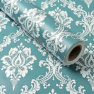 Blue Damask Contact Paper Self Adhesive Shelf Drawer Liner Peel and Stick Damask Wallpaper for Bathroom Living Room 17.7" x 196"