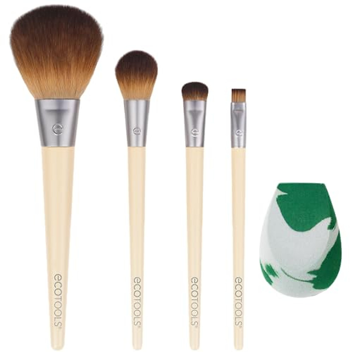 EcoTools Core Five Makeup Brush and Sponge Kit, For Eyeshadow, Blush, Bronzer, Eyeliner, & Foundation, Makeup Blending Sponge For Liquid & Cream Products, Essential Eco Friendly Brushes, 5 Piece Set