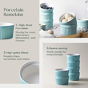 DOWAN 8 oz Ramekins - Ramekins for Creme Brulee Porcelain Ramekins Oven Safe, Classic Style Ramekins for Baking Souffle Ramekins Bowls, Set of 6, Blue