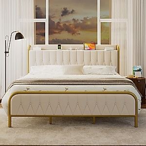 iPormis King Size Metal Bed Frame with Charging Station, Velvet Headboard and Footboard, Heavy Duty Steel Support, 12" Under Bed Storage, No Box Spring Needed, Easy Assembly,Beige&Gold