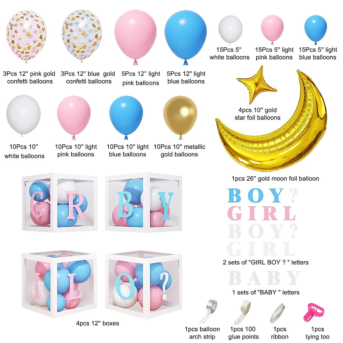 Amandir 134pcs Baby Boxes Gender Reveal Balloon Decorations, Pink and Blue Balloon Arch Kit Baby Boxes with Letters(A-Z+Baby Boy Girl?) for Baby Shower Birthday He or She Gender Reveal Party Supplies