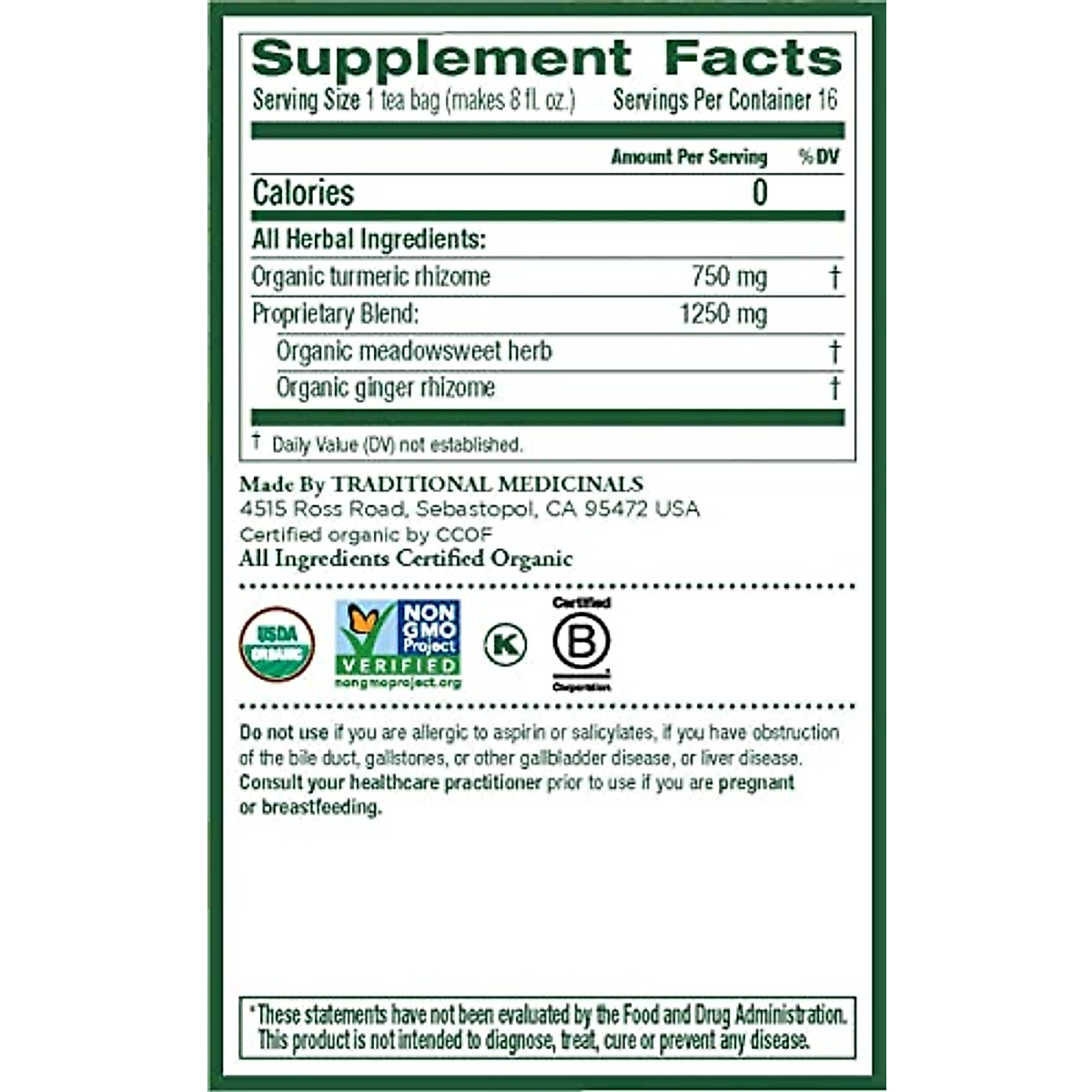 Traditional Medicinals Organic Turmeric with Meadowsweet & Ginger Herbal Tea, Supports Healthy Response to Inflammation, (Pack of 4) - 64 Tea Bags Total