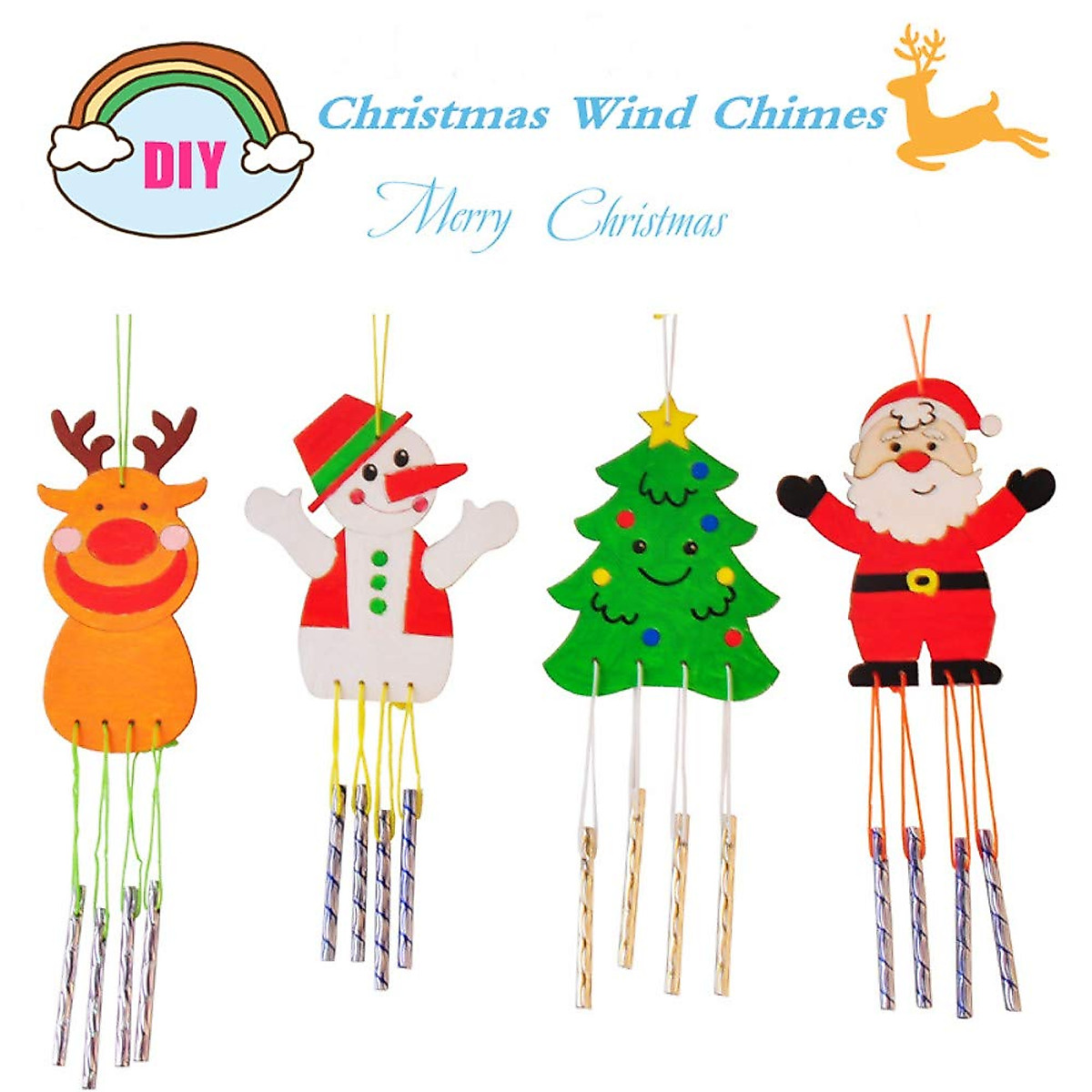 DEUXPER Make Your Own Christmas Ornaments Wind Chime Kit - Arts & Crafts Construct & Paint 4 Wind Powered Musical Chime DIY Gifts for Kids, Boys & Girls