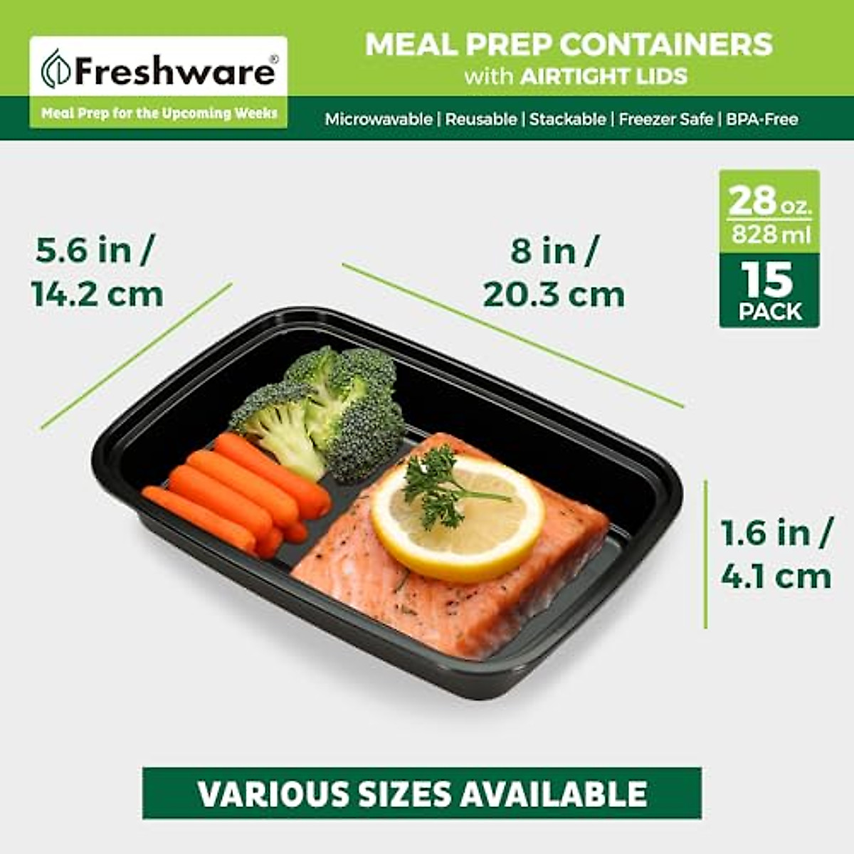 Freshware Meal Prep Containers [15 Pack] 1 Compartment Food Storage Containers with Lids, Bento Box, BPA Free, Stackable, Microwave/Dishwasher/Freezer Safe (28 oz)