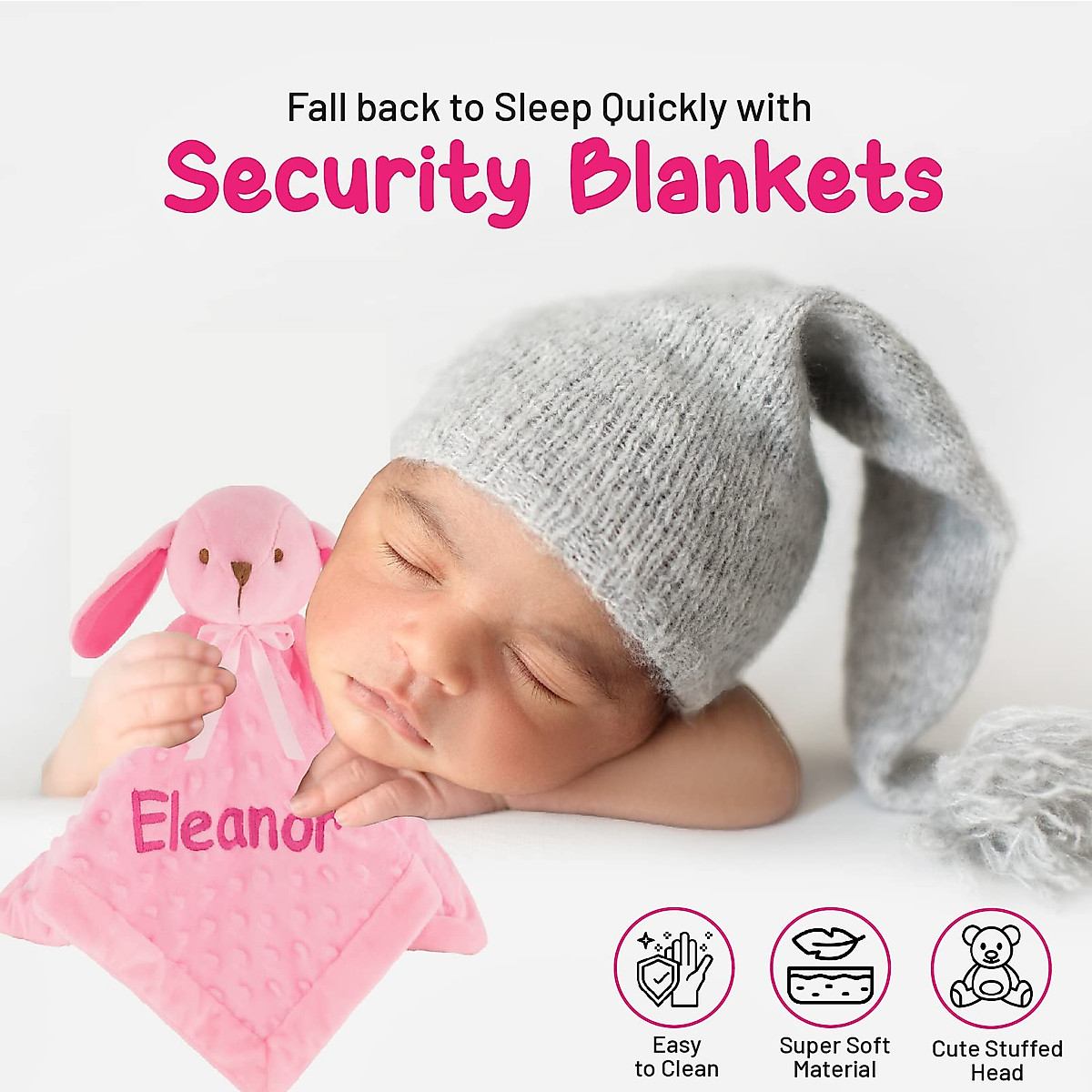 Personalized Baby Blanket Lovey with Custom Embroidered Name - Super Soft Security Blankets for Babies - Stuffed Elephant Baby Security Blanket Snuggle Toy - Soothing Loveys for Babies Boy and Girll