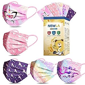 Kids Disposable Face Masks Girls - 50 Pack Kids Mask Disposable for Children Small Size Cubrebocas Para Niños Unicorn Face Mask 3 Layers Colorful Cartoon Mouth Mask for School