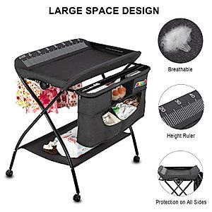 JOYMOR 2-in-1 Folding Baby Changing Table, Moblie Diaper Table for Infant, Portable Diaper Changing Station with Wheels, Large Storage Basket ＆ Shelf Portable Nursery Organizer