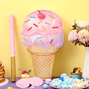 Ice Cream Piñata Ice Cream Cone Shaped Piñata with Stick Blindfold for Ice Cream Birthday Party Summer Candy Party Baby Shower Wedding Party Supplies Decor, 15.8 x 9.5 Inch(Pink, Purple)
