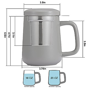 Tea Te Ching Ceramic Tea Cup - 16 Oz Tea Mug with Infuser and Lid | Stainless Steel Tea Strainer for Steeping Loose Leaf Tea | Elegant Tea Infuser Mug | Coffee Cups with a Beautiful Gift Box, Grey