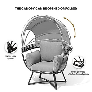 Crestlive Products Egg Chair, All Weather Aluminum Lounge Chair with Folding Canopy, Outdoor Indoor Chair with Cushion & Sun Shade Cover for Patio Living Room, 265lb Capacity (Black & Grey)