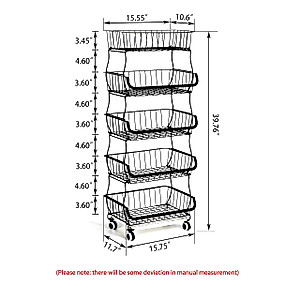 FANWU 5 Tier Fruit Basket Stand, and Vegetable Storage Cart, Wire with Wheels, Metal Stackable Snack Organizer, Potatoes Onions Produce Bins Rack for Kitchen, Pantry (Black-5-Tier Baskets)