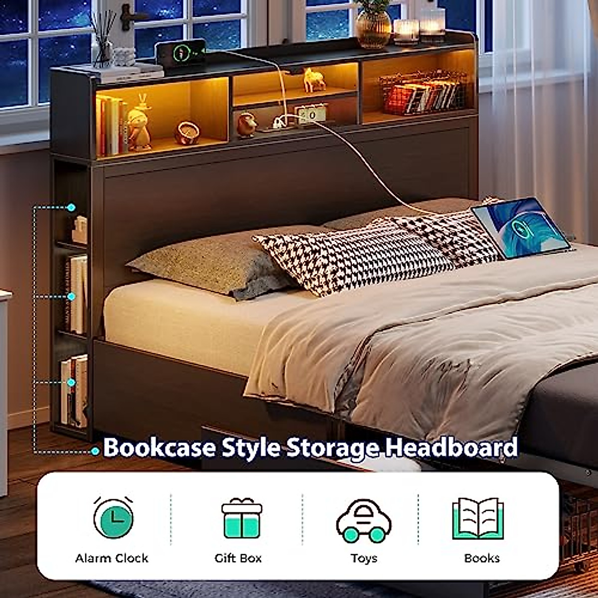 Rolanstar Queen Bed Frame with Storage Headboard, Metal Platform Bed with Charging Station, LED Bed Frame with 4 Drawers, Bookcase Storage, No Box Spring Needed, Easy Assembly, Noise-Free, Black