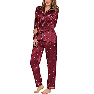 SWOMOG Womens Silk Satin Pajamas Long Sleeve Loungewear Two-Piece Sleepwear Button-Down Pj Set