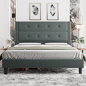 iPormis King Size Platform Bed Frame, Velvet Upholstered Bed Frame with Button Tufted & Nailhead Headboard, Wooden Slats Support, No Box Spring Needed, Noise-Free, Gray