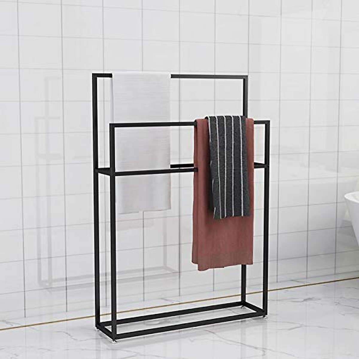 Floor Freestanding Towel Rack,2 Tier 4-Bar Metal Towel Holder, Towel Bar Stand Storage for Bathroom, Kitchen, Laundry Room, Bedroom, Outdoor Pool,Hotel,Black,85cm/33inch