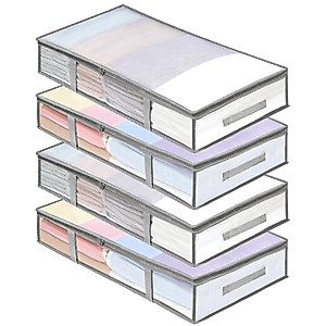 4 Packs Under Bed Storage Containers Bins, Humid-Proof Plastic Underbed Storage Bins, Closet Organizers and Clothes Storage Bags, Under the Bed Blanket Storage with Handles for Clothes,Bedroom