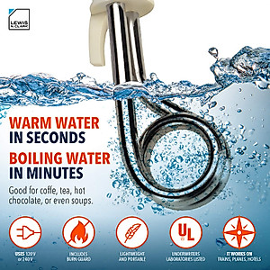 Lewis N. Clark Portable Immersion Water Heater, Electric Kettle Alternative for Coffee, Tea + Hot Chocolate, Camping, Travel + Office with Travel Adapter, White