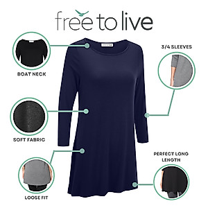 Free to Live 3 Pack 3/4 Sleeve Tunic Tops for Women Casual Long Shirts Loose Fit Dressy to Wear with Leggings Travel Clothes (Large, Black, Charcoal, Navy)